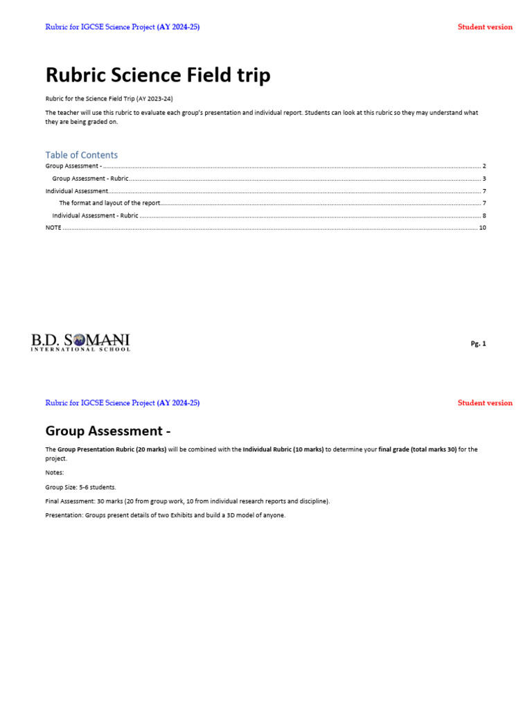 Rubric Science Field Trip AY2024-25 GR 9 - Student Version | PDF ...