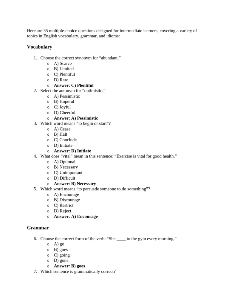 Grammar MCQ - Intermediate | PDF | Linguistics | Grammar