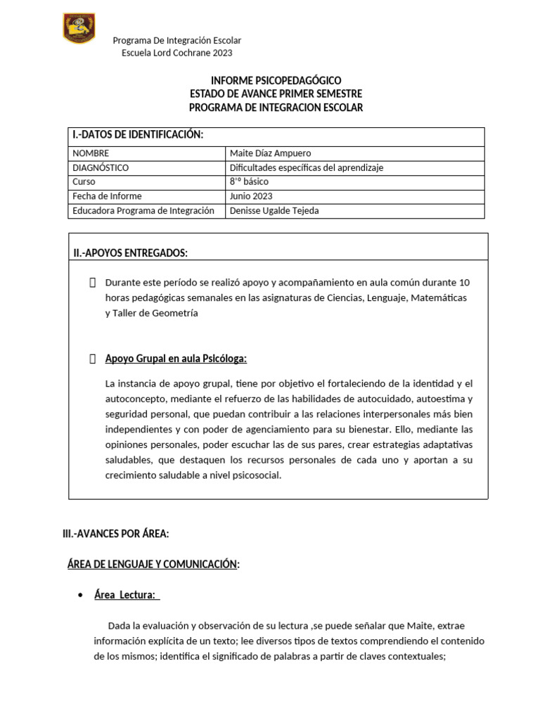 Informe Psicopedagógico Maite Díaz 2023 | PDF | Aprendizaje | Evaluación