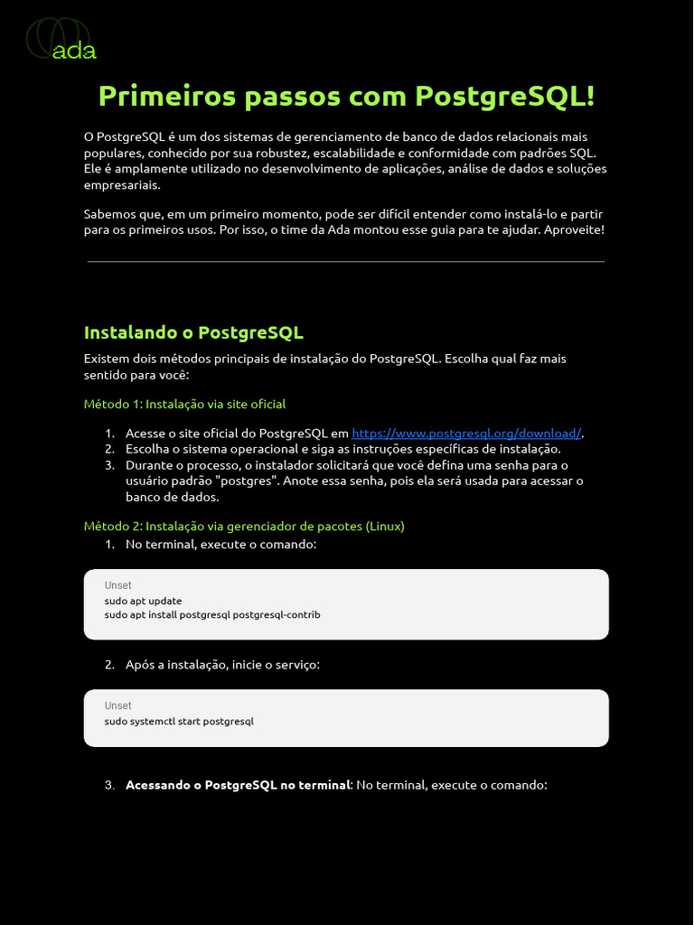 Ada Tech - Primeiros Passos Com PostgreSQL! | PDF | Postgre SQL | Bancos de dados