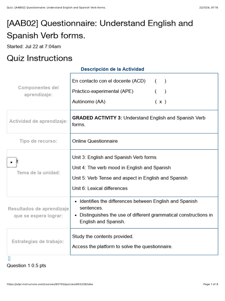 Quiz - (AAB02) Questionnaire - Understand English and Spanish Verb ...