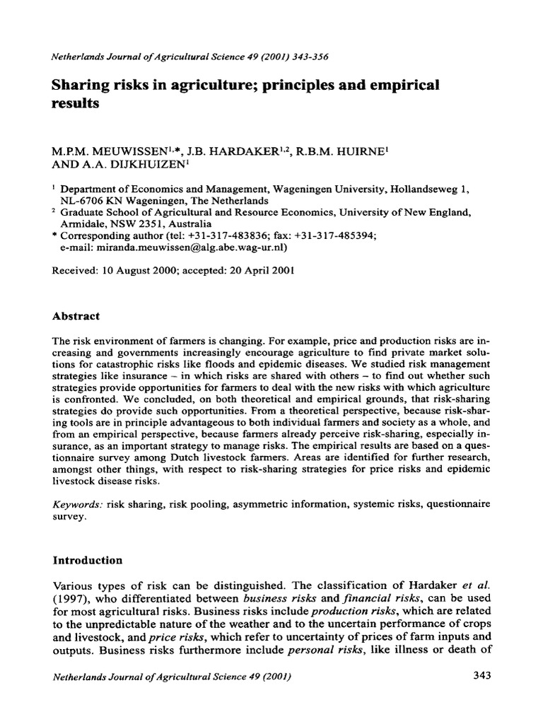 Sharing Risks in Agriculture Principles and Empirical Results | PDF ...