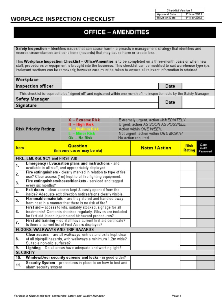 Workplace Inspection Checklist | Risk | Prevention