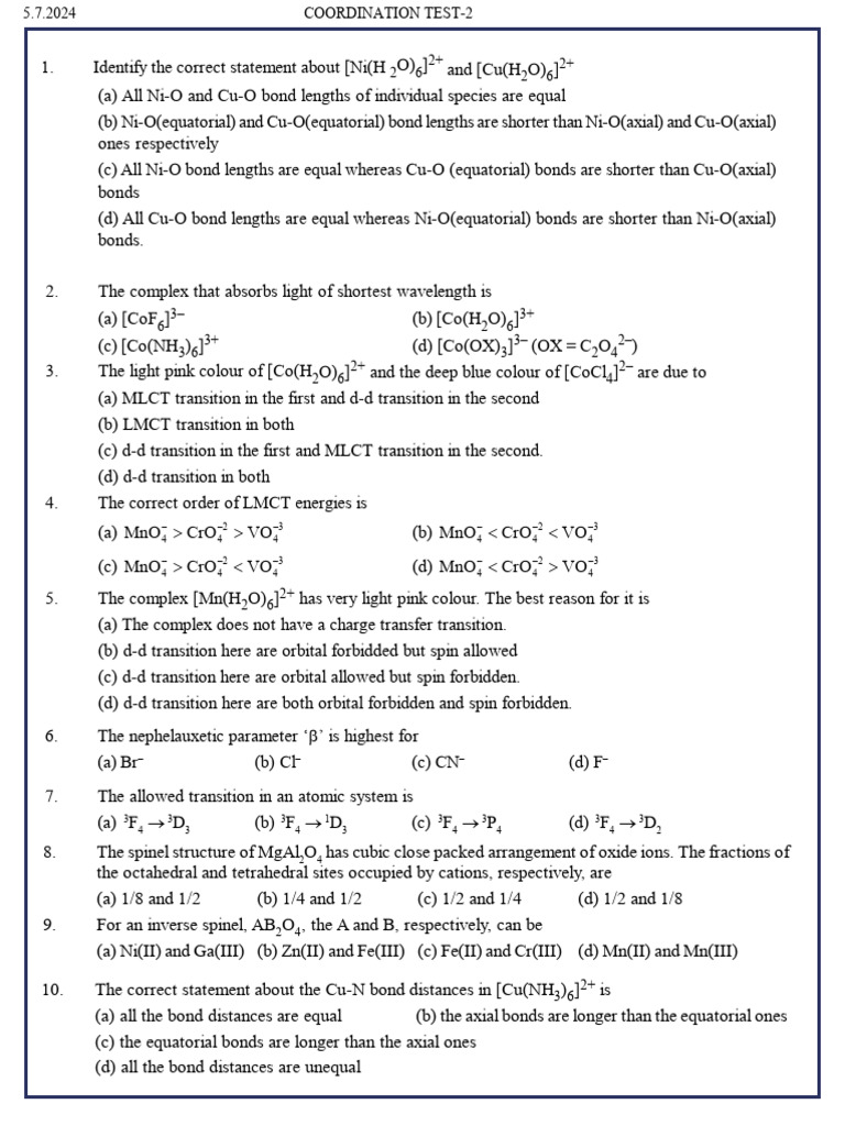 Unit-7, Coordination Test 2,36 Quiz 05.8.2024 | PDF | Chemistry ...