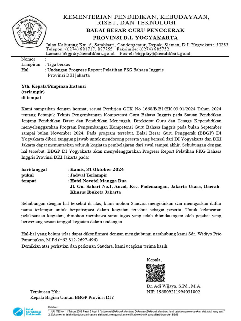 3951 Undangan Progress Report PKG Bahasa Inggris Provinsi DKI | PDF