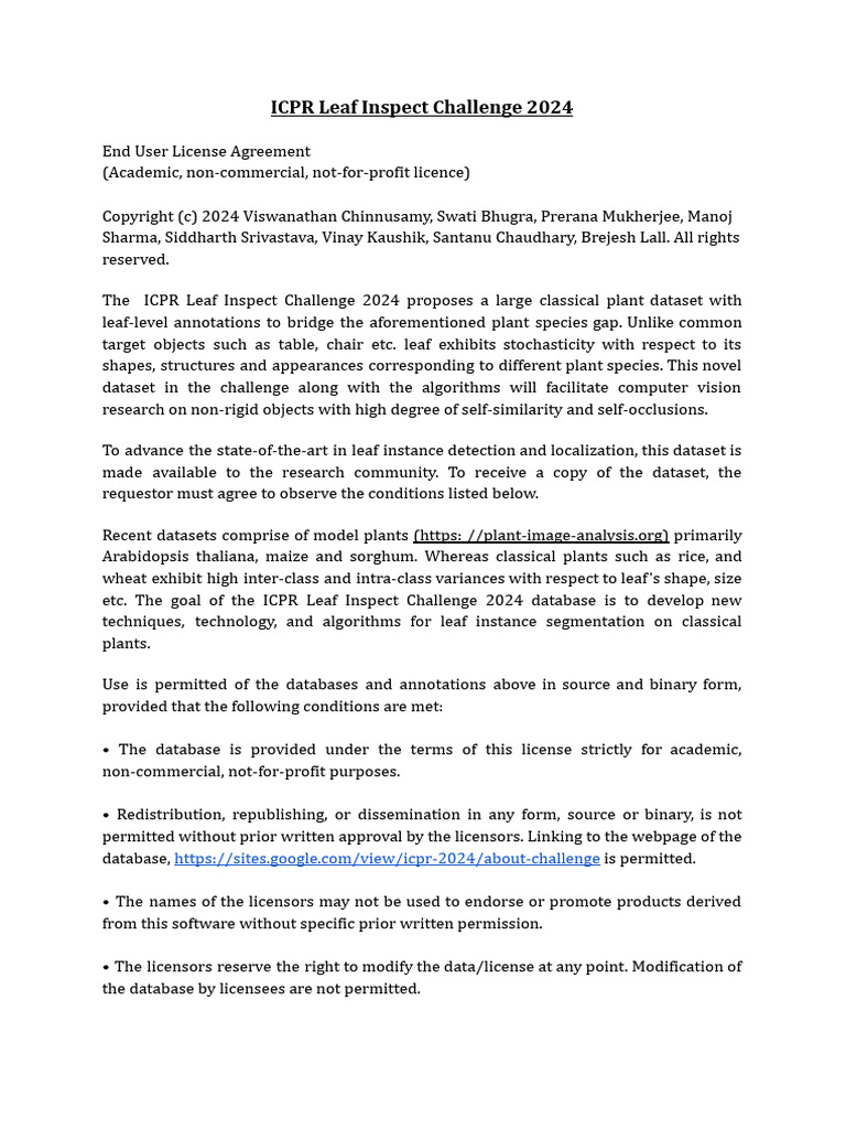 ICPR Leaf Inspect Challenge 2024-EULAform | PDF | License | Legal Liability