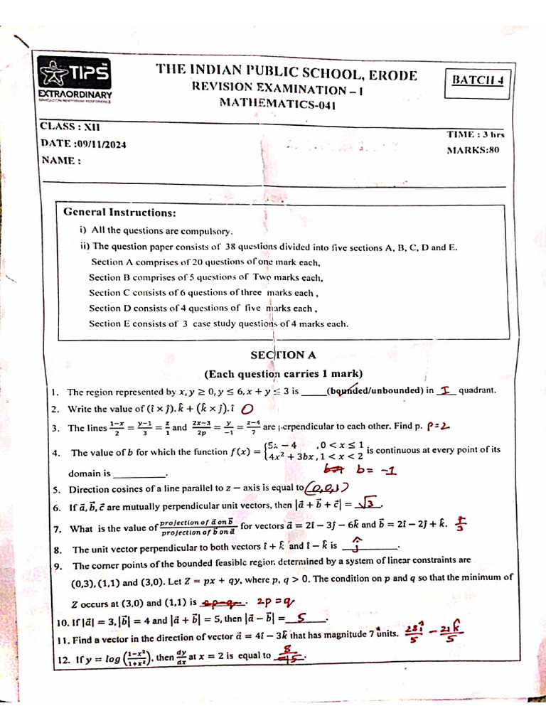 Xii Mathematics Batch 4 Rev 1 Ans Key | PDF