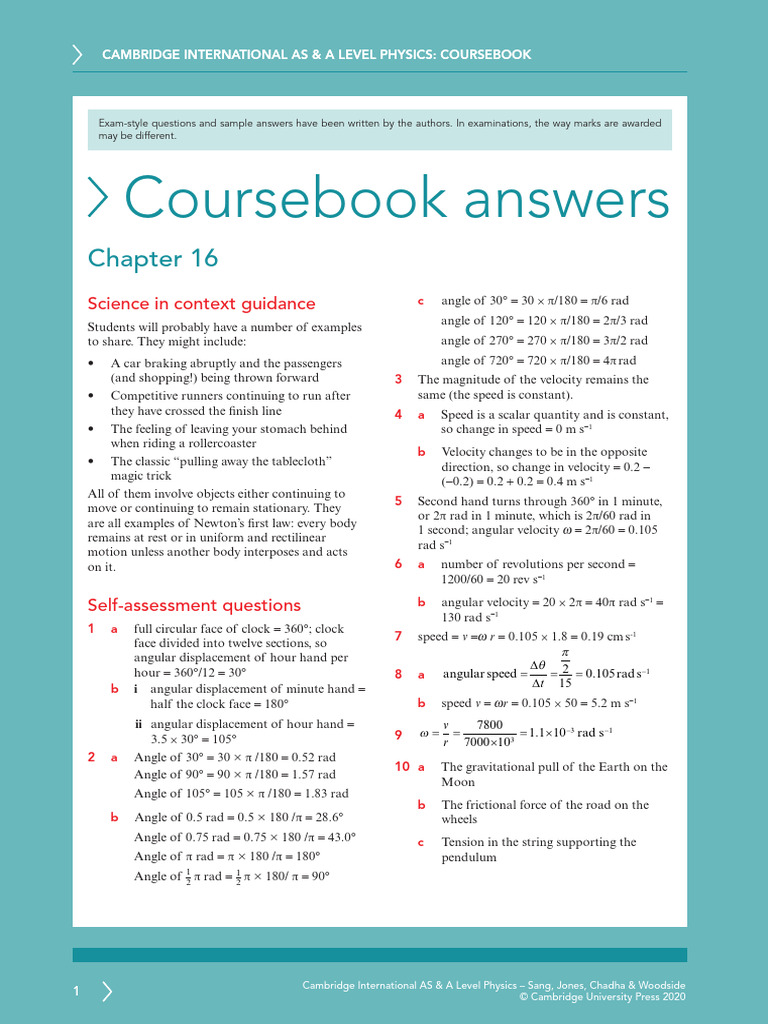 Coursebook Answers Chapter 16 Asal Physics | PDF | Acceleration | Velocity