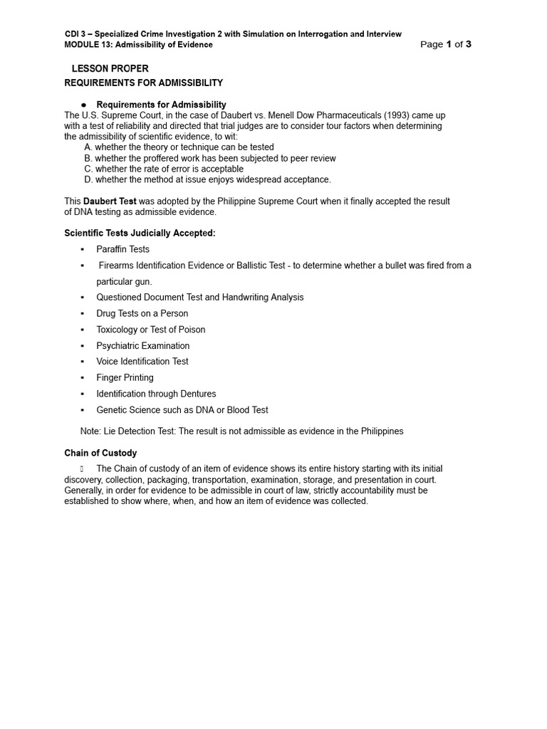Admissibility of Evidence in Crime Investigation | PDF | Crime Scene ...