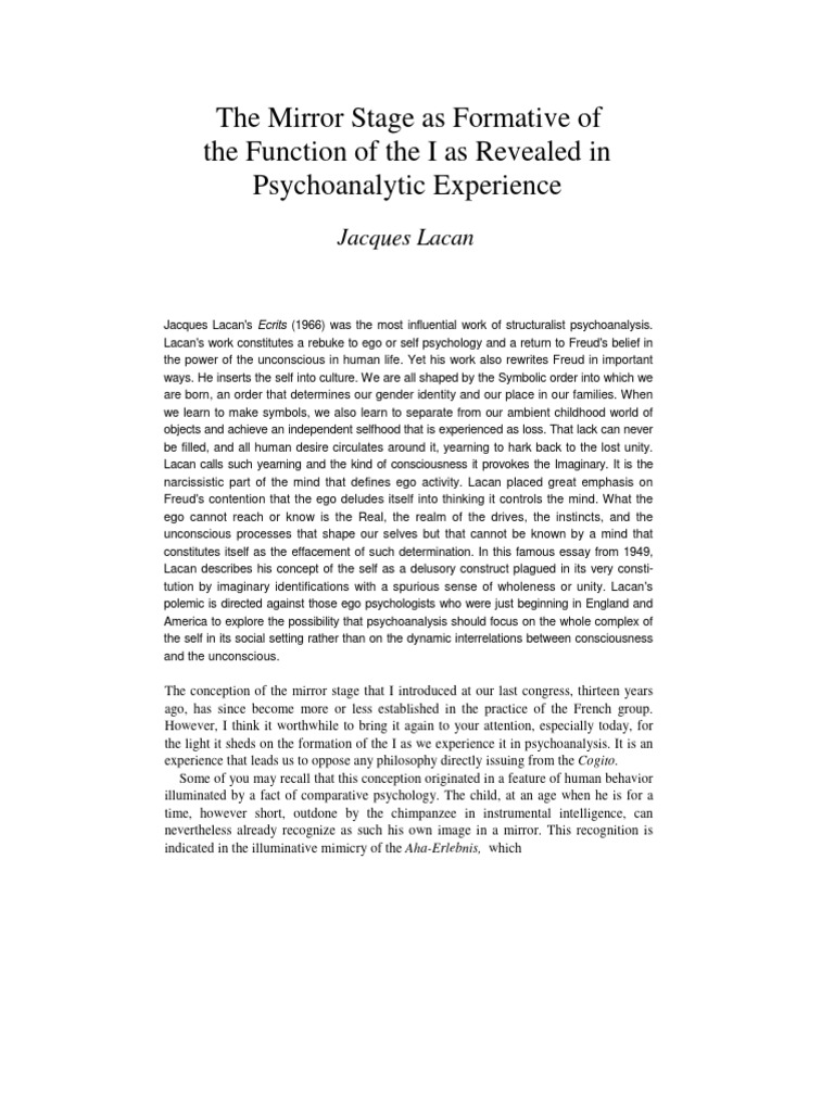 Mirror Stage Jacques Lacan | PDF | Jacques Lacan | Id