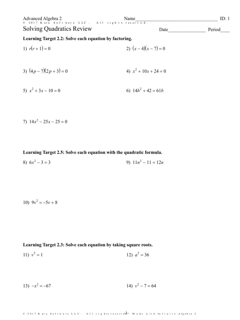 Key Solving Quadratics Review | PDF | Quadratic Equation | Equations