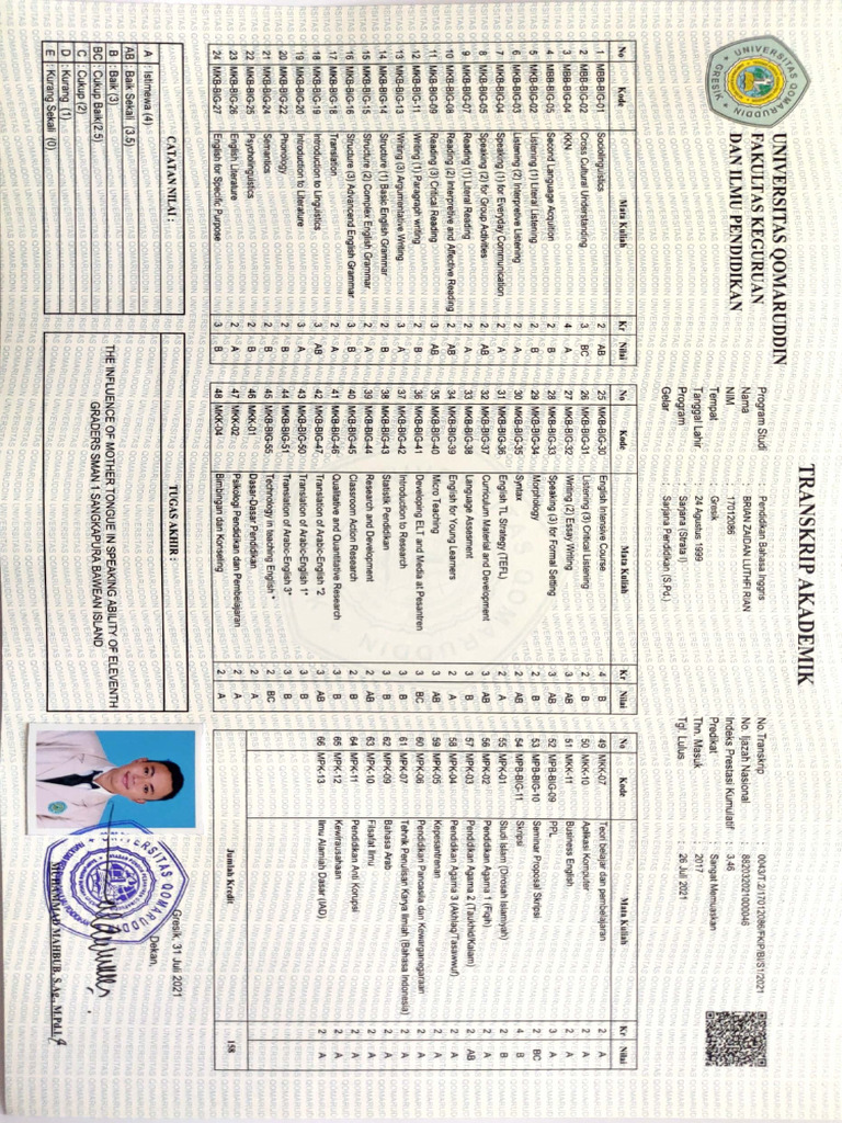 Transkipnilai UQ | PDF