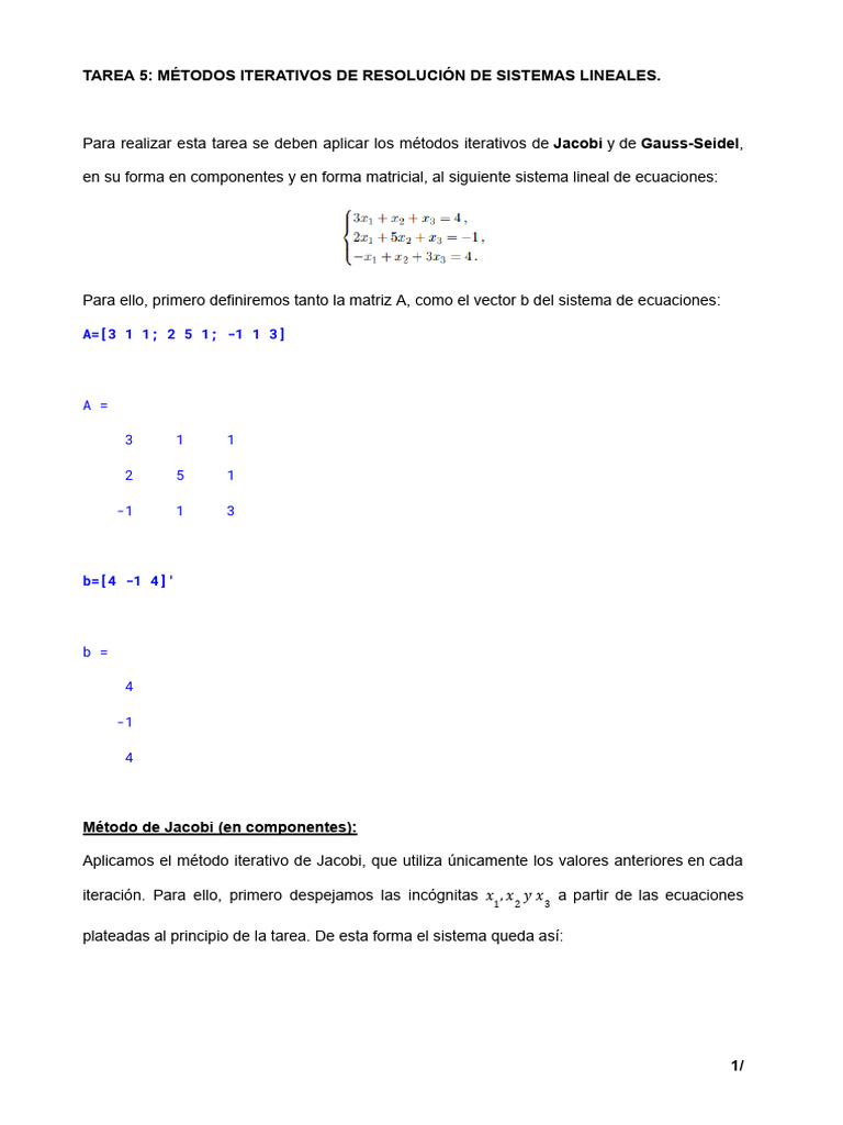 Tarea 5 - Métodos Iterativos de Resolución de Sistemas Lineales | PDF | Sistema de ecuaciones ...