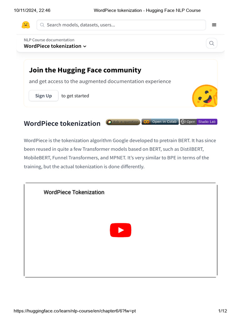 WordPiece Tokenization - Hugging Face NLP Course | PDF | Artificial Intelligence | Intelligence ...