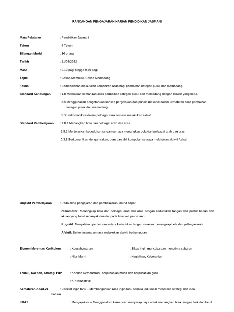 RPH PJ Tahun 4 | PDF