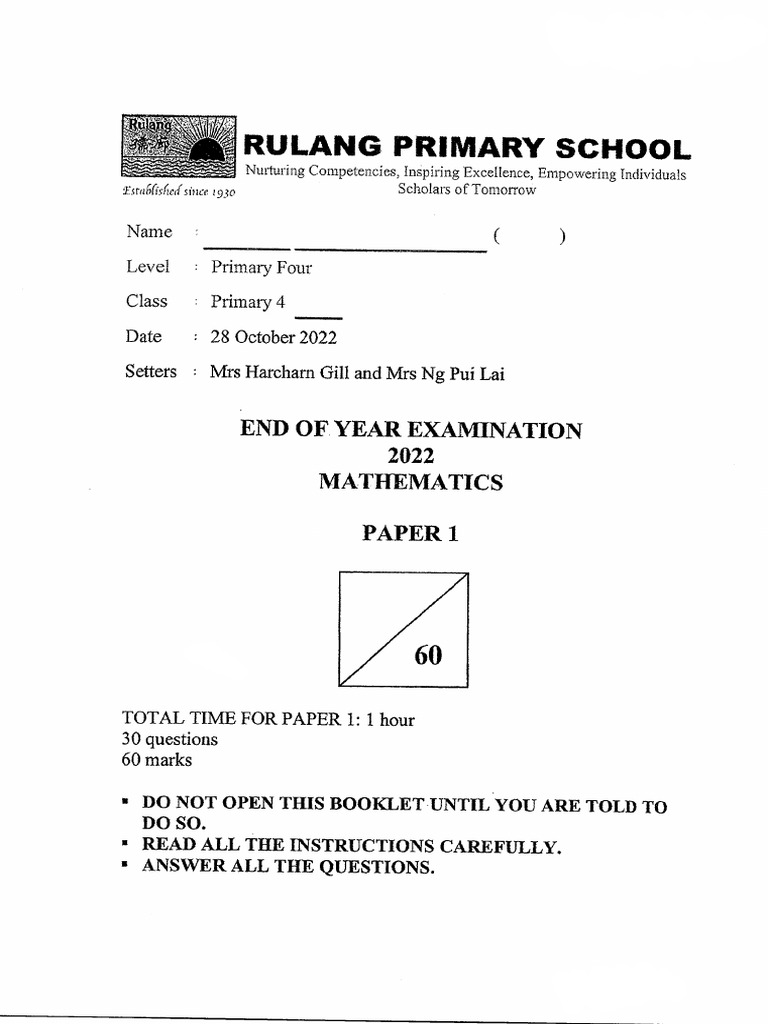 2022-P4-Maths-Semestral Assessment 2-Rulang | PDF