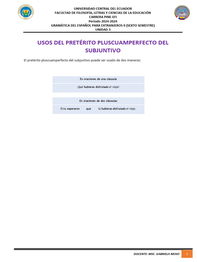 Usos del Pluscuamperfecto Subjuntivo | PDF