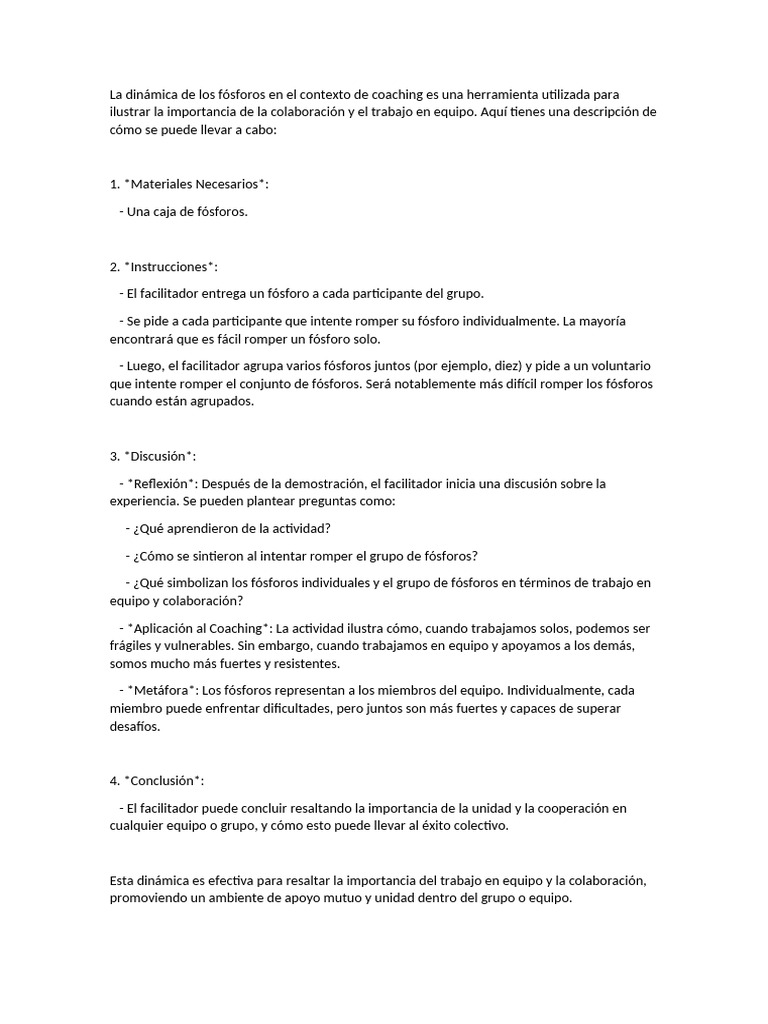 La Dinámica de Los Fósforos en El Contexto de Coaching Es Una Herramienta Utilizada para ...