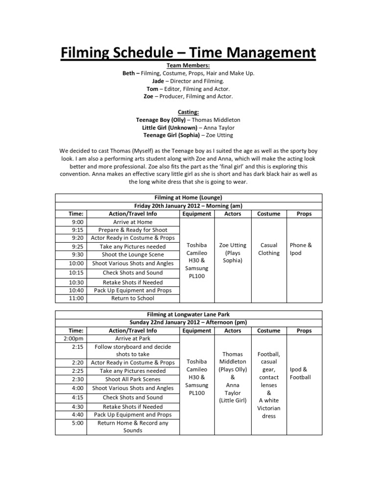 Filming Schedule | PDF