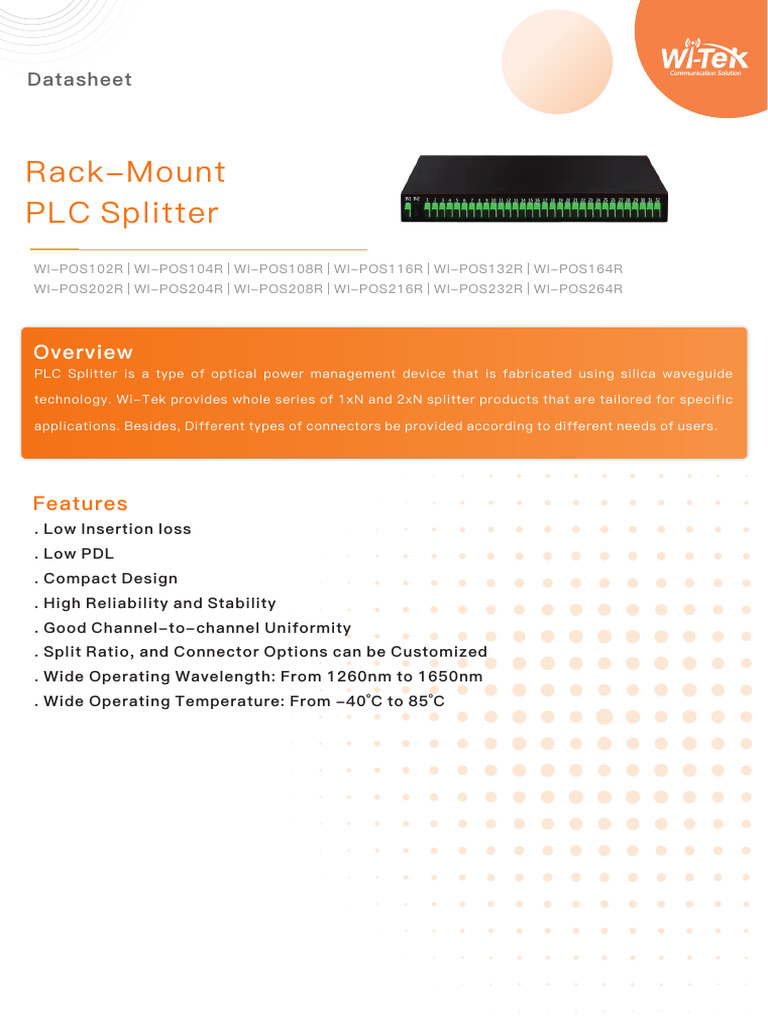 WI-POS164R - Rack-Mounted PLC Splitter - Datasheet | PDF | Optical Fiber | Optics