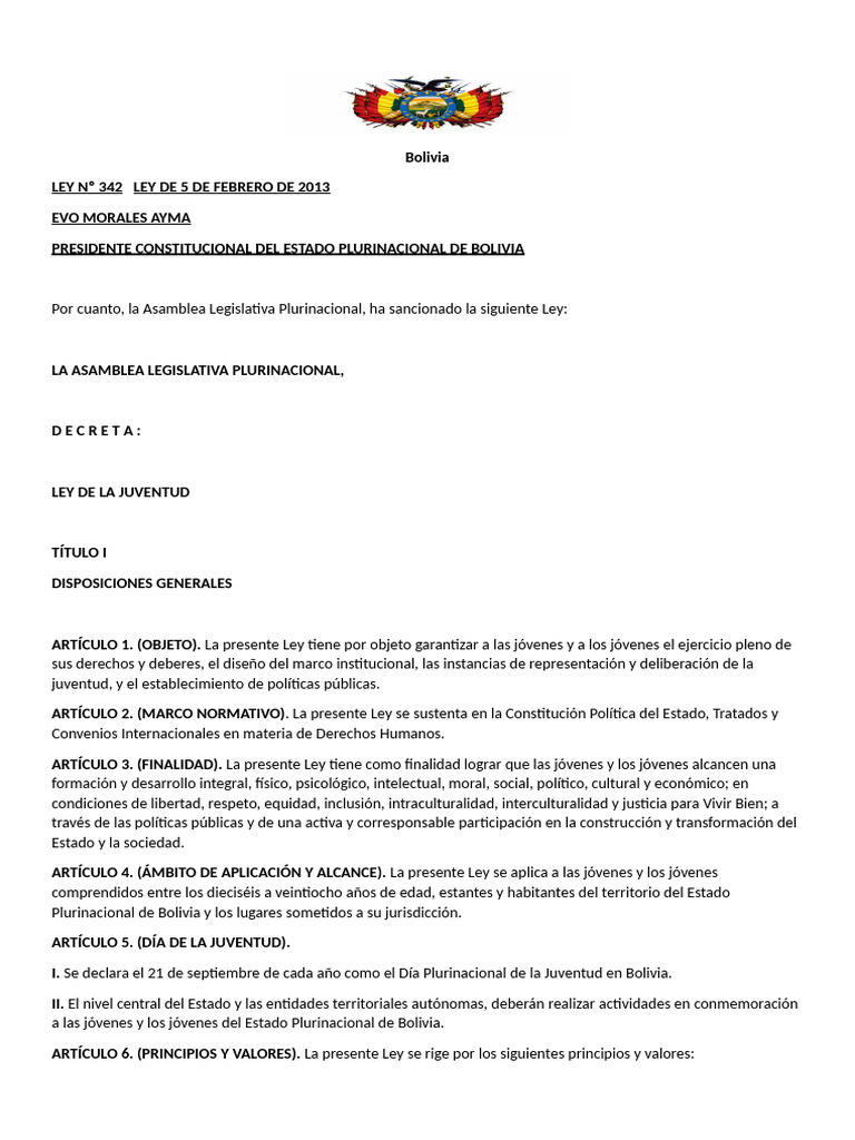 Ley 342 Ley de La Juventud | PDF | Bolivia | Derecho laboral