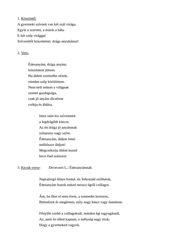 Anyák Napi Versek | PDF