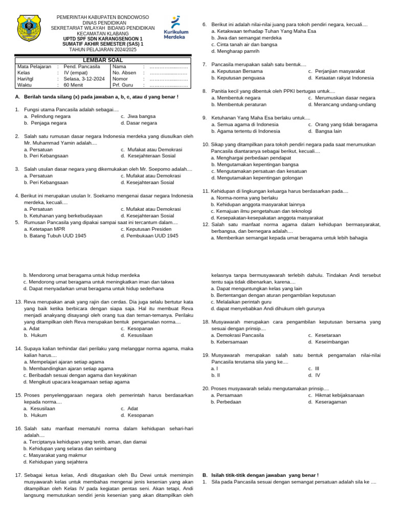 Soal Sas 1 KLS 4 Pend Pancasila | PDF