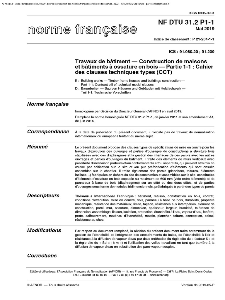 NF DTU 31.2 P1-1 Construction Ossature Bois - Partie 1 CCT - Mai 2019 | PDF