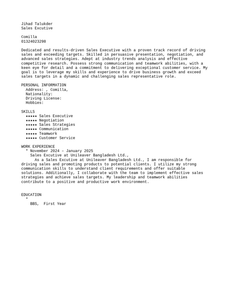 Jihad Talukder - Resume - Sales Excutive | PDF