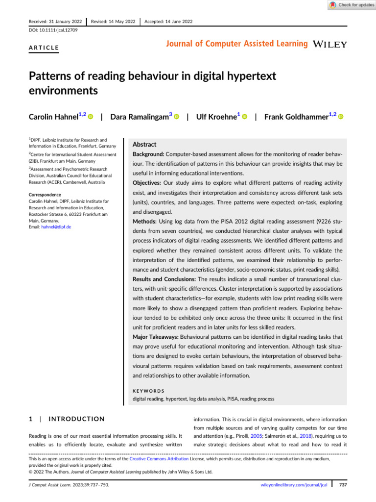 Computer Assisted Learning - 2022 - Hahnel - Patterns of Reading Behaviour in Digital Hypertext ...