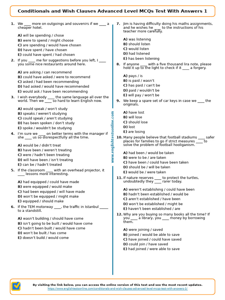 902 Conditionals and Wish Clauses Advanced Level Mcqs Test With Answers ... 902 Conditionals and Wish Clauses Advanced Level Mcqs Test With Answers ...