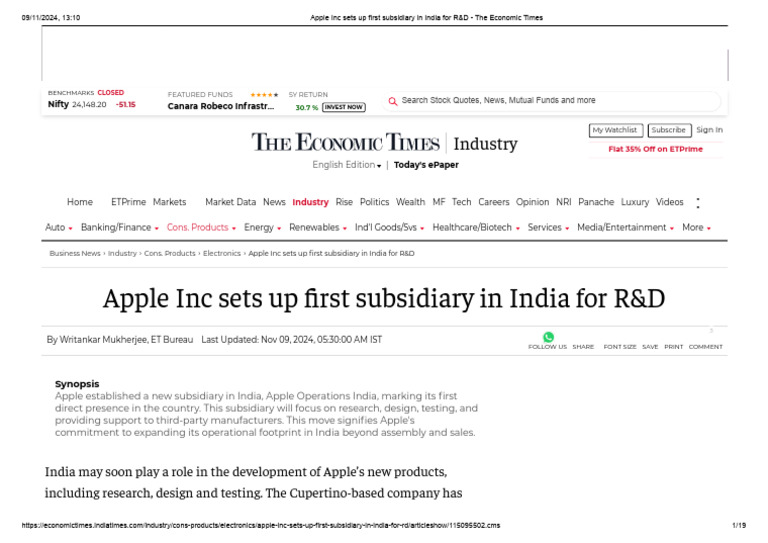 Apple Inc Sets Up First Subsidiary in India For R&D - The Economic ...