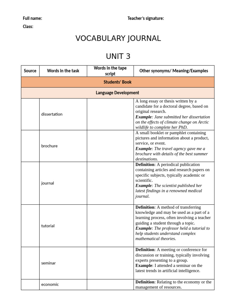 Vocab Journal Unit 3 KEYS | PDF | Thesis | Science