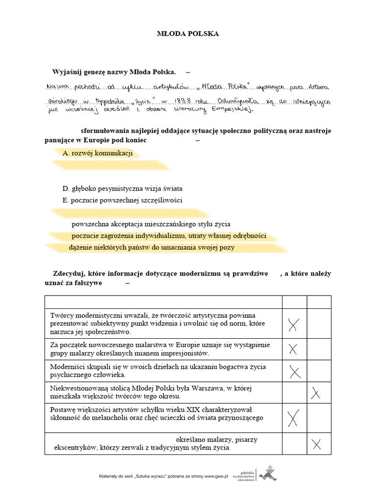 Mloda Polska Karta Pracy NR 1 Cechy Epoki 2 | PDF