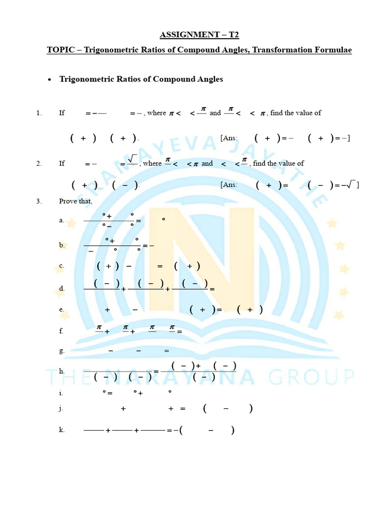 Assignment - T2 TOPIC - Trigonometric Ratios of Compound Angles ...