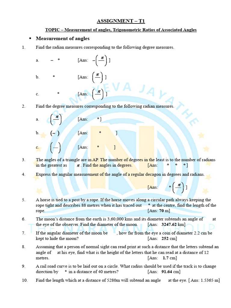 Assignment - T1: TOPIC - Measurement of Angles, Trigonometric Ratios of ...