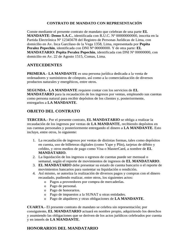 Descarga Modelo Contrato de MANDATO | PDF | Tarjeta de crédito | Economias