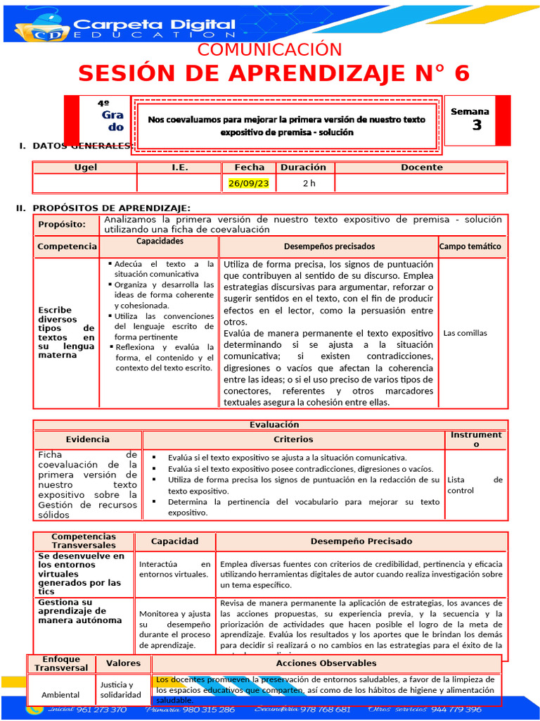 4° Sesión de Aprendizaje Sesión6-Sem3-Exp.6-Comu | PDF | Aprendizaje | Evaluación