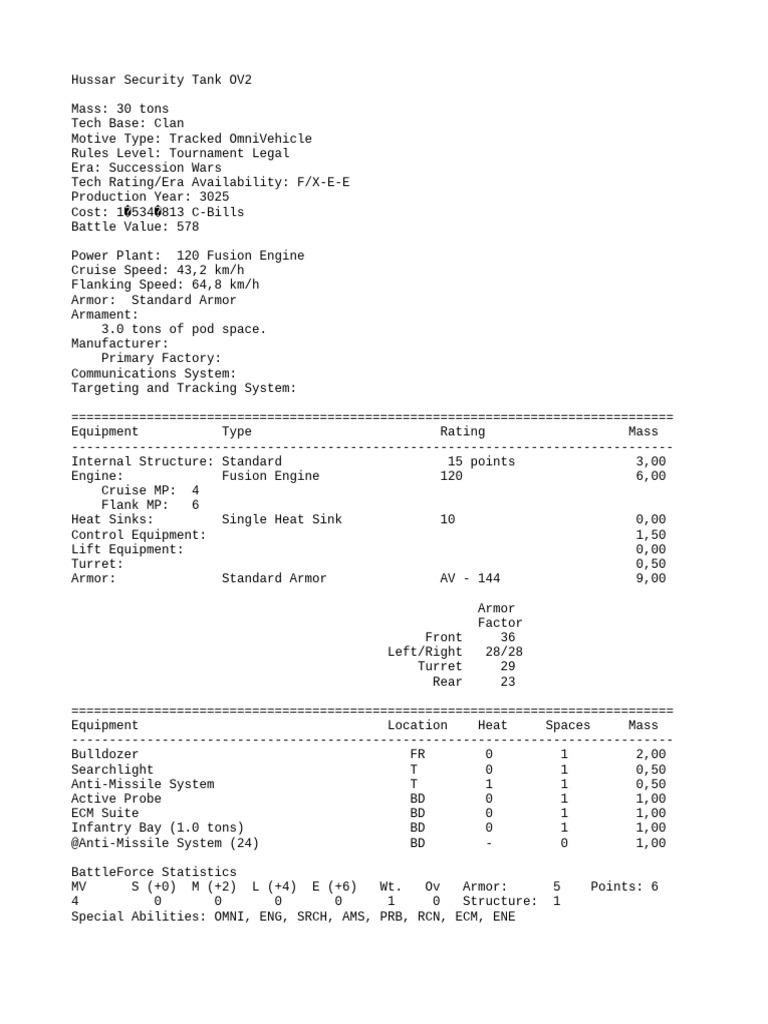 Hussar Security Tank OV2 Specifications | PDF | Armoured Fighting ...