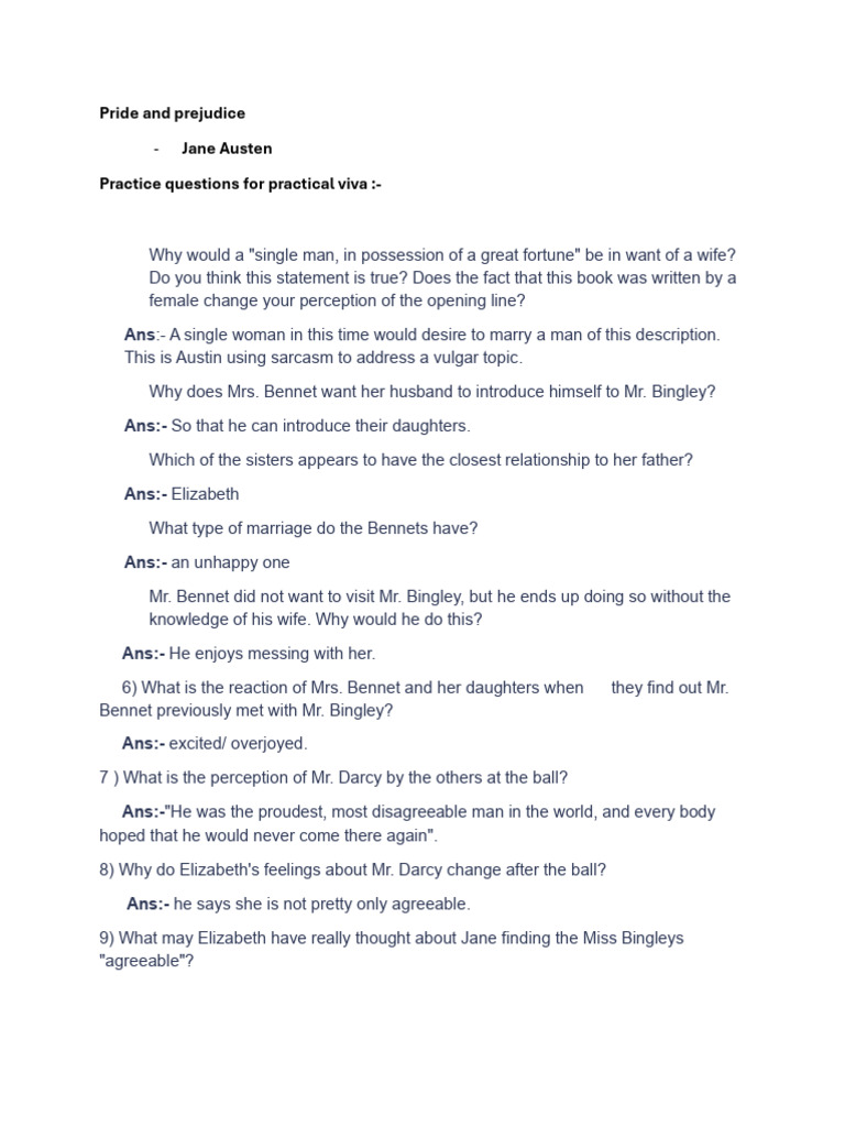 Pride and Prejudice Exam Questions Guide | PDF | Pride And Prejudice ...