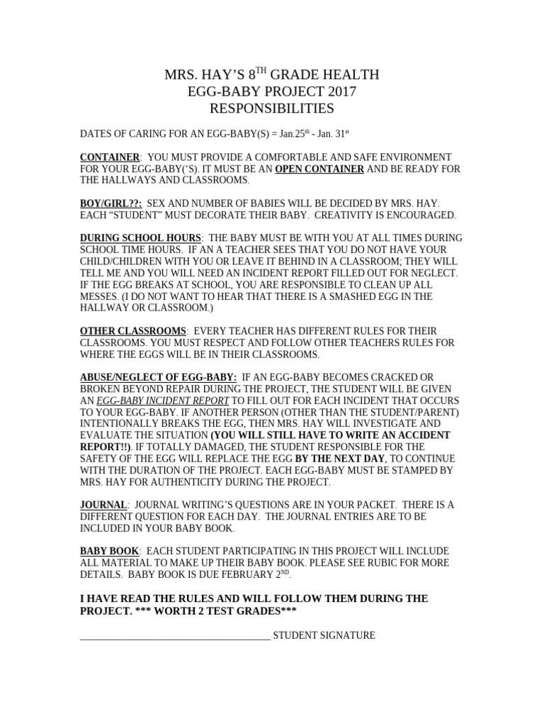 Egg Baby Project Responsibilities | PDF