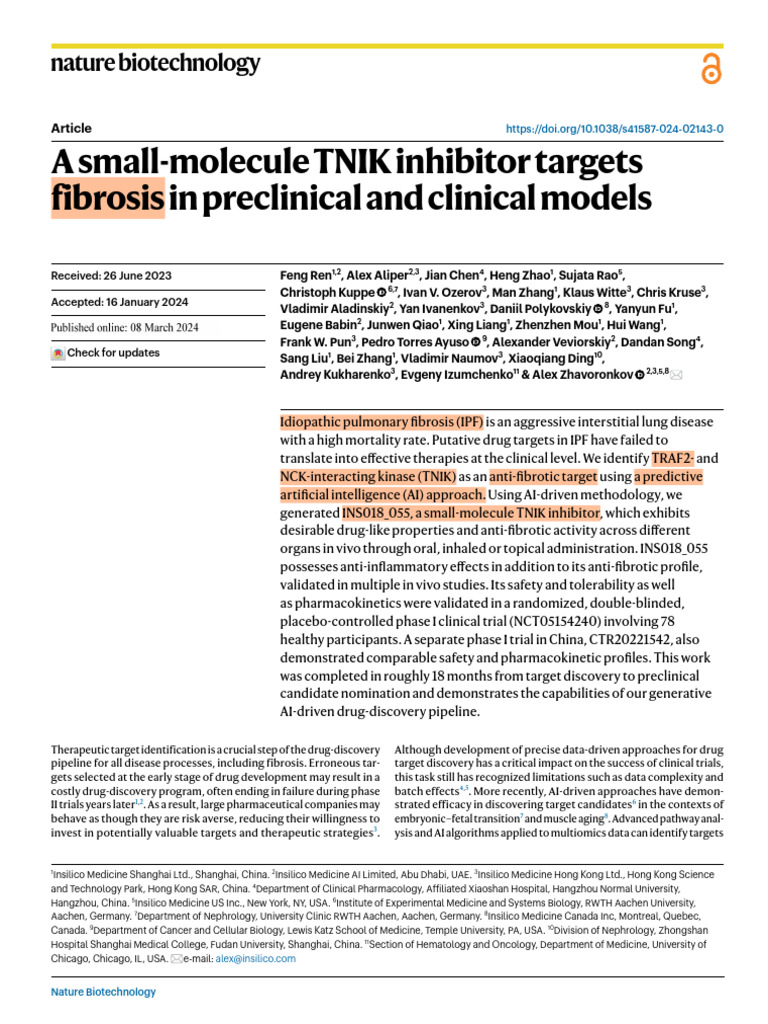 A Small Molecule TNIK Inhibitor Targets | PDF | Kinase | Extracellular ...