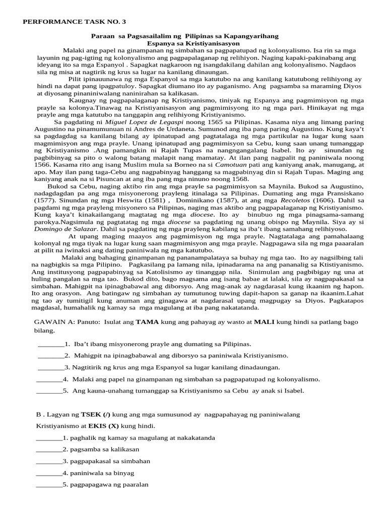 PERFORMANCE TASK 3 AP Q2 Paraan Sa Pagsasailalim NG Pilipinas Sa Kapangyarihang | PDF