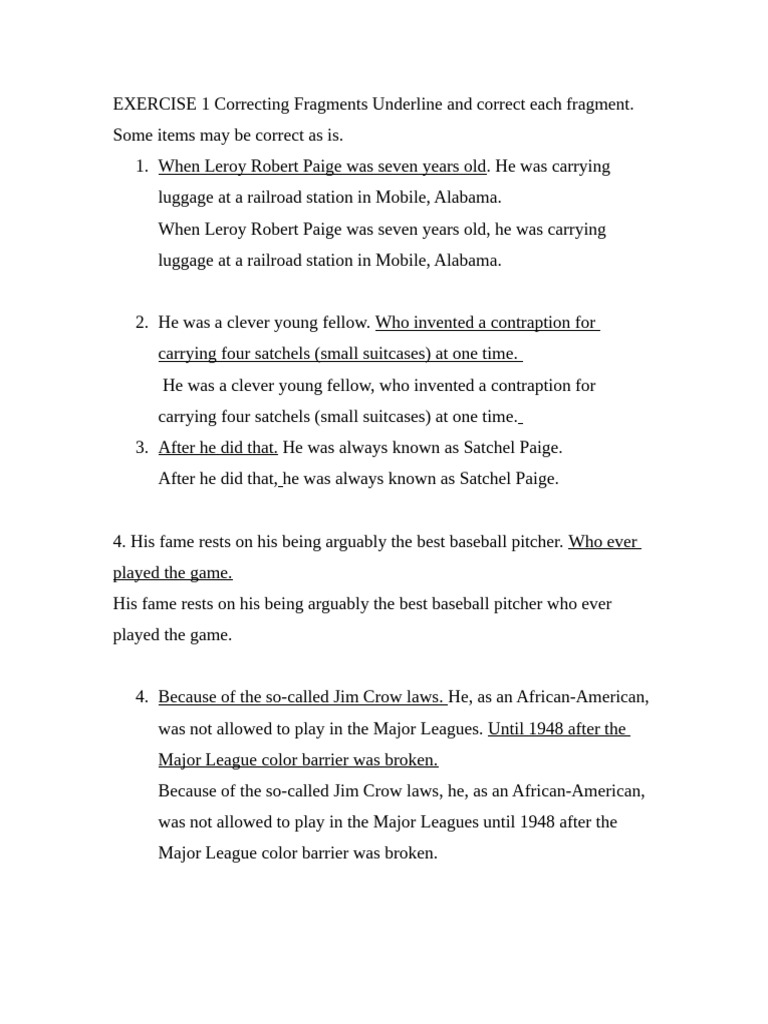 EXERCISE 1 Correcting Fragments Underline and Correct Each Fragment ...