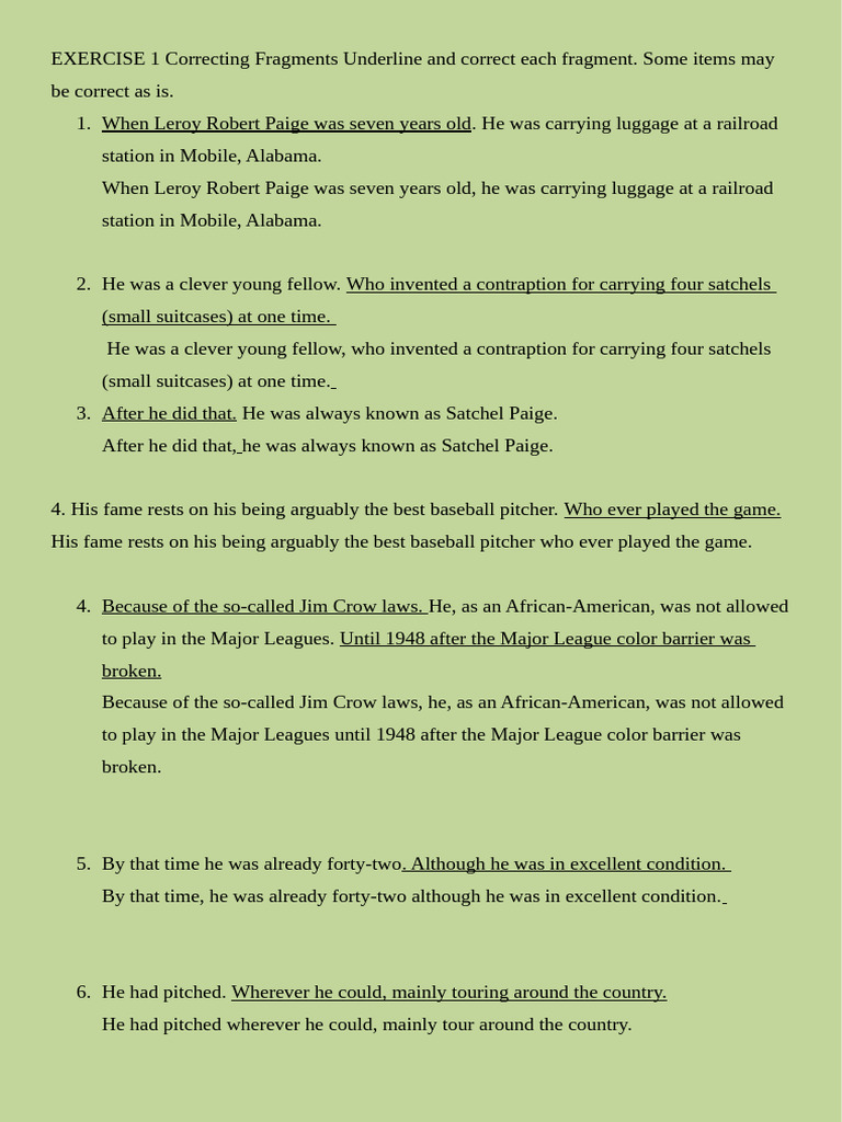 EXERCISE 1 Correcting Fragments Underline and Correct Each Fragment ...
