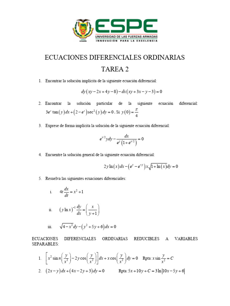 Tarea 2 EDO Reducible A Variables Separables y Homogéneas | PDF | Ecuaciones | Objetos matemáticos