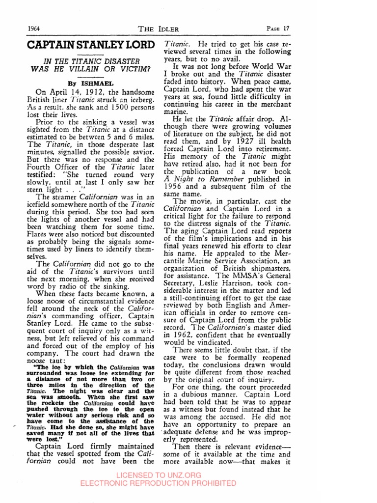 Capitain Stanley Lord - in The Titanic Disaster Was He Villain or ...