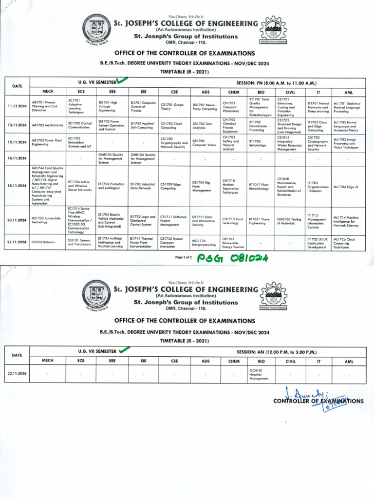 University Theory Time Table VII Sem | PDF