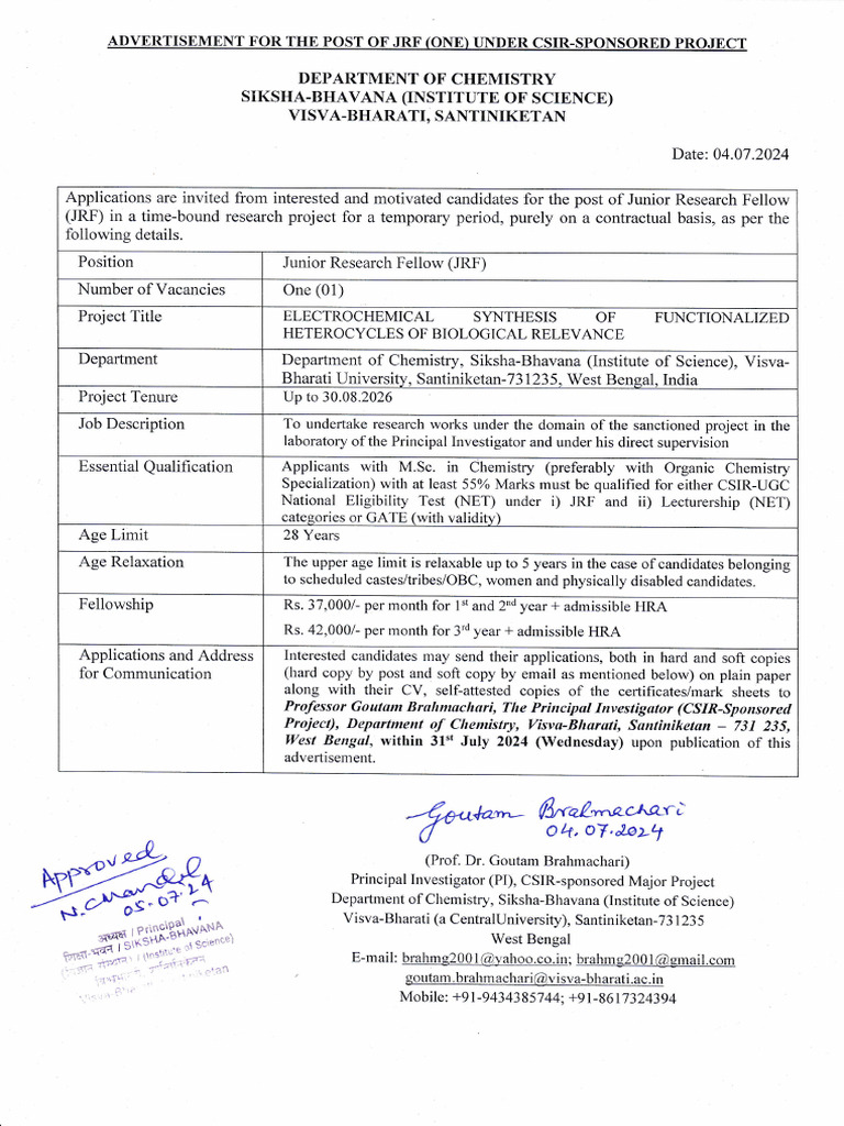 Advertisement For The Post of JRF Under CSIR-Sponsored Research Project PI Prof. Goutam ...