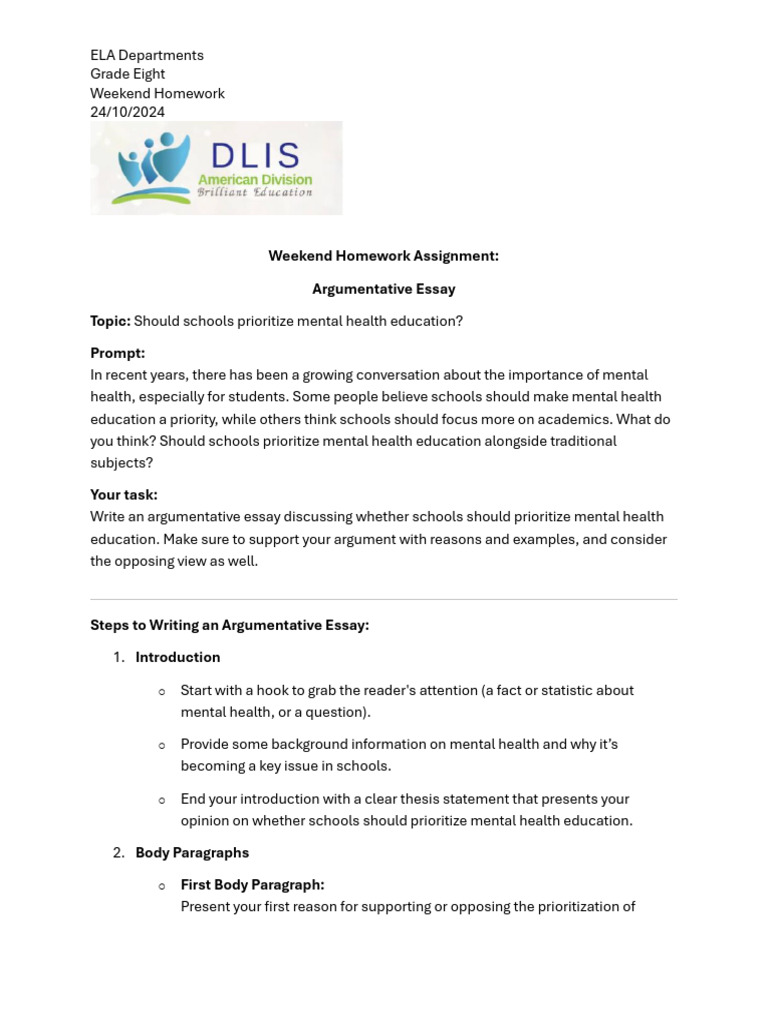 Weekend Homework Assignment: Argumentative Essay Topic: Prompt | PDF ...